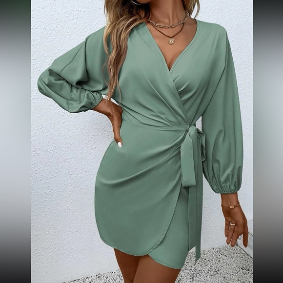 Dresses | Luxe Surplice Neck Lantern Sleeve Knot Side Wrap Dress | Poshmark